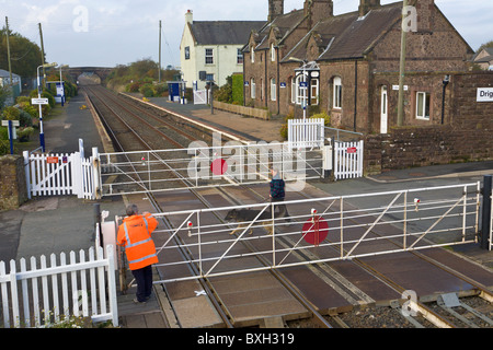 Drigg level crossing and railway station on the Cumbrian coast railway ...