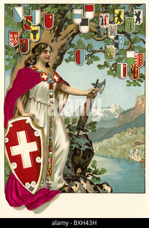 heraldry, coat of arms, Helvetia, allegory of Switzerland, lithograph ...