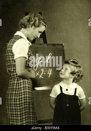 1930s FEMALE TEACHER IN FRONT OF BLACKBOARD HELPING GIRL STUDENT AT ...