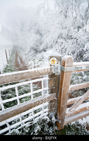 Cotswold Way sign on a gate in the snow. Broadway Hill, Cotswolds ...