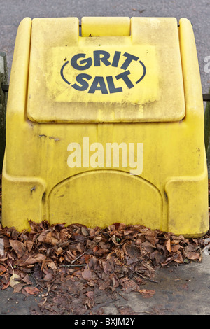 Yellow grit salt container bin side of road. England often struggles to ...