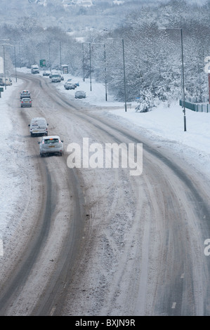 Driving in tough road conditions in foggy day in italian mountains seen ...