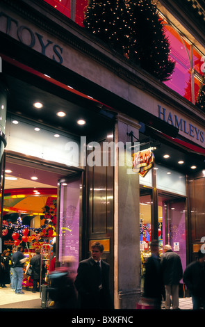 Night time exterior of Hamleys toy store on Regent Street, London ...