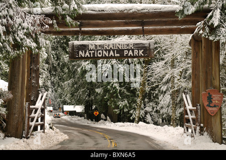 Entrance Sign to Mount Rainier National Park, Washington, USA. The park ...