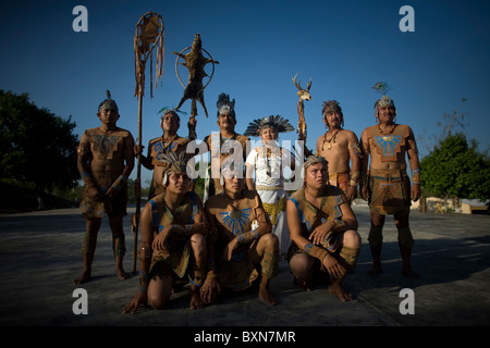 Mayan ball players pose for their portrait in Chapab village in Yucatan ...