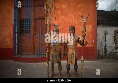 Mayan ball players pose for their portrait in Chapab village in Yucatan ...