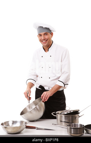 Portrait of chef holding something on his palm isolated on white Stock ...