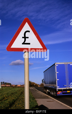 Blue sign showing lorry or HGV with red line through it to warn that ...