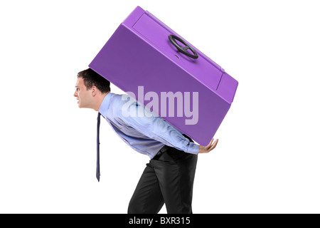 Man carrying heavy box isolated on white with clipping path Stock Photo ...