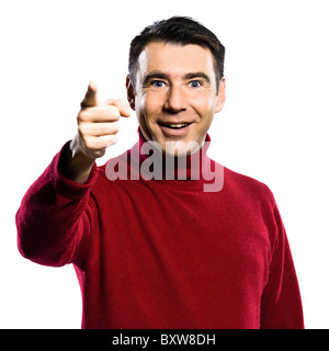 caucasian friendly cheerful man beckoning menacing finger raised studio ...