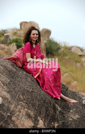 Beautiful lady wearing a red sari Andhra Pradesh South India Stock ...