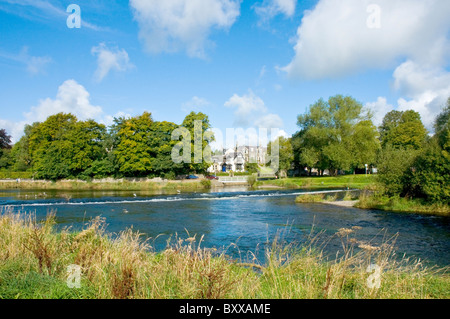 The cauld (weir) on River Tweed at Peebles in the Scottish Borders ...