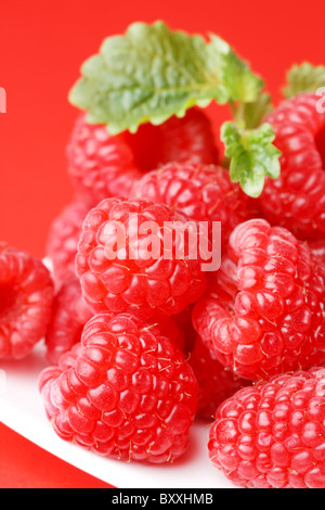 Fresh ripe raspberries with mint leaves as background Stock Photo - Alamy