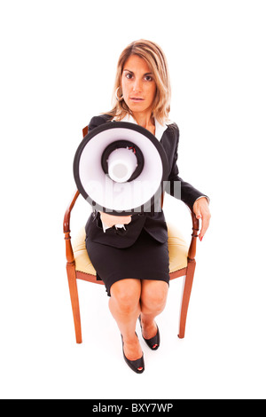 Business woman with megaphone sitting on wooden bench. Female speaker ...