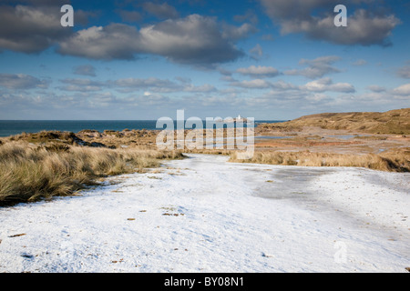 St Gothian Sands; looking to Godrevy; snow; Cornwall Stock Photo - Alamy