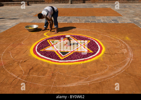 creating a mandala for the Tihar Festival in Kathmandu, Nepal Stock ...