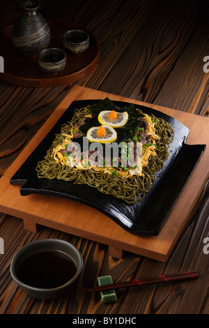 kawara soba, japanese local food, fried green tea buckwheat noodles on ...