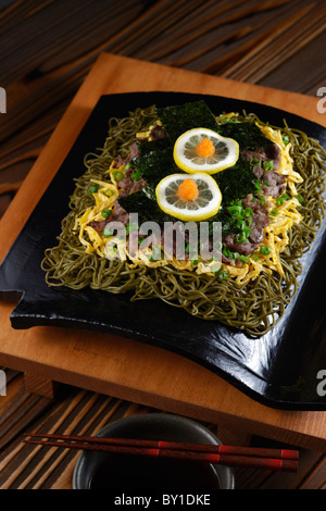 kawara soba, japanese local food, fried green tea buckwheat noodles on ...