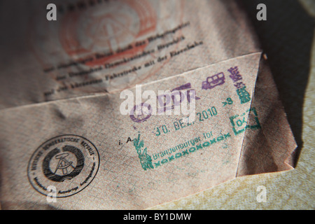 Fake border stamps in a passport; Checkpoint Charlie, Berlin at the ...