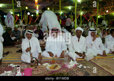 Guests enjoy meal at traditional Bedouin wedding celebration. El Tur ...