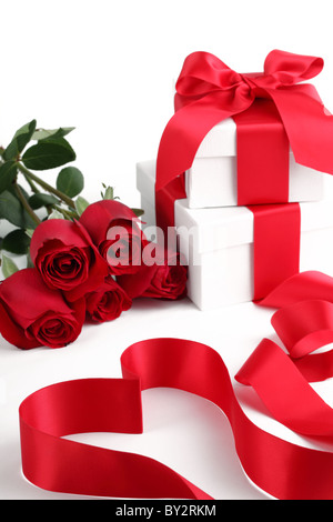 Christmas present on bright paper background. Close up. Copy space ...