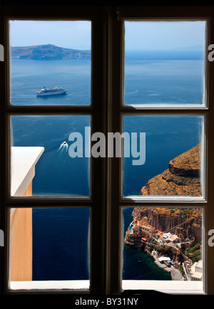 Sea view through traditional greek window in Santorini island Stock ...
