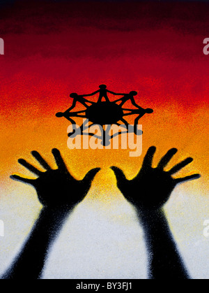 One world unity symbol above black hand prints made with multicoloured ...