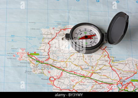 A map of Anglesey, North Wales with a compass Stock Photo - Alamy