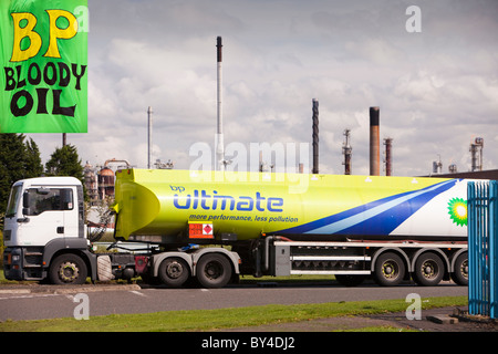 Tanker truck lorry BP Ultimate fuel tanker lorry driving along English ...