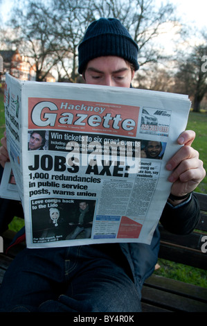 Hackney economic crisis. Newspaper with front page headline ' Jobs axe ...