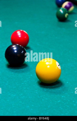Red and yellow pool balls on a green table Stock Photo - Alamy