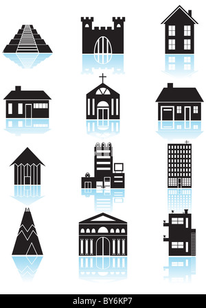 Set of generic black and white building symbols representing different ...