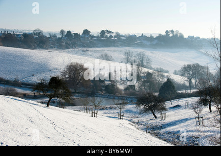 View towards Whiteshill from Ruscombe with winter snow, near Stroud ...