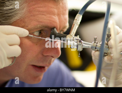 A urologist performing a cystoscopy in order to remove a foreign body ...