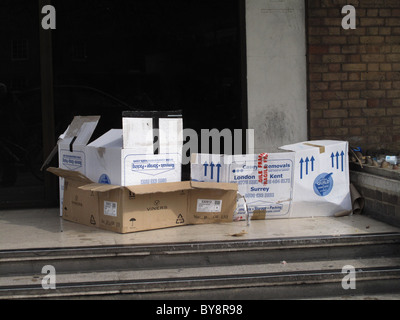 Cardboard box shelter of a homeless person on the street of Porto ...
