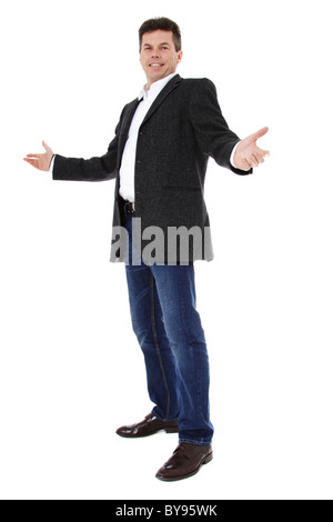 Hand making a welcome gesture on a dark background Stock Photo - Alamy