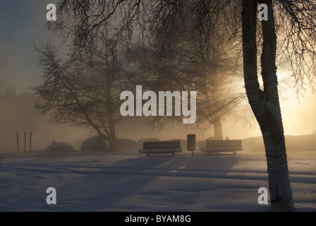 Mist rising from the river Oulu in a cold winter day in Oulu, Finland ...