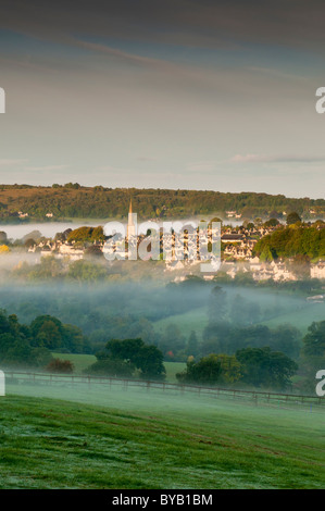 Cotswold rolling hill with early morning fog, near Painswick ...