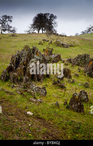 A spiny rock outcropping with Oak trees in the distance taken in the ...