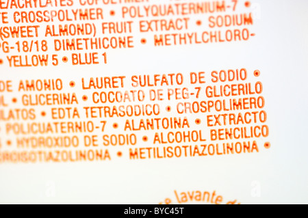 Ingredient list on liquid body soap Stock Photo - Alamy