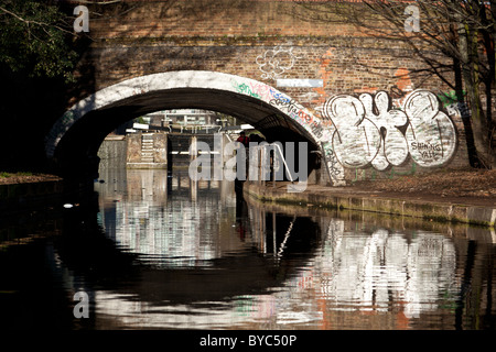 Graffiti on the Mile End Road Bridge crossing The Regent's Canal London ...