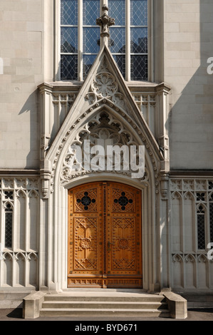 Portal of the neo-Gothic church of St. Peter and Paul, Obernai, Alsace ...