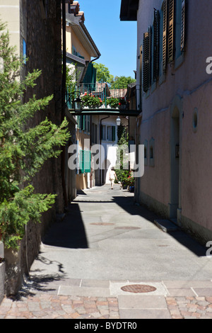 Switzerland, Vaud, Saint-Prex, Lake Leman, Slipway in still lake with ...
