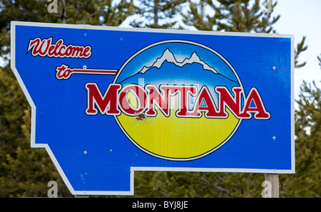 Montana welcome sign at West Yellowstone, Montana Stock Photo - Alamy