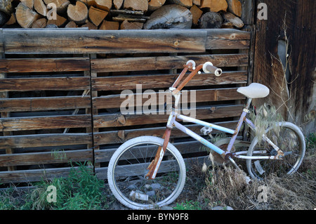 Log Cabin, firewood, bicycle, Idaho, Salmon, Idaho Stock Photo - Alamy