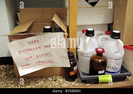 Warning sign on a container of hydrogen peroxide in a school chemical ...