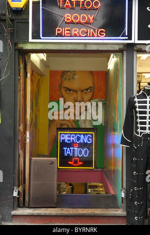 Tattoo and Piercing shop, sign at Camden Lock Market, Camden, London ...