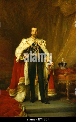 King George V in his coronation robes 1910. Royal Crimson robe of state ...