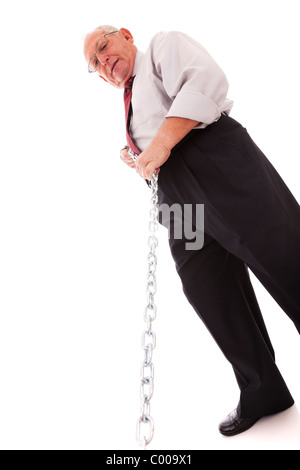 senior businessman pushing a chain (isolated on white Stock Photo ...