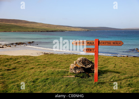 Coastal path sign at Easting, Sandwick Bay, Unst, Shetland Stock Photo ...